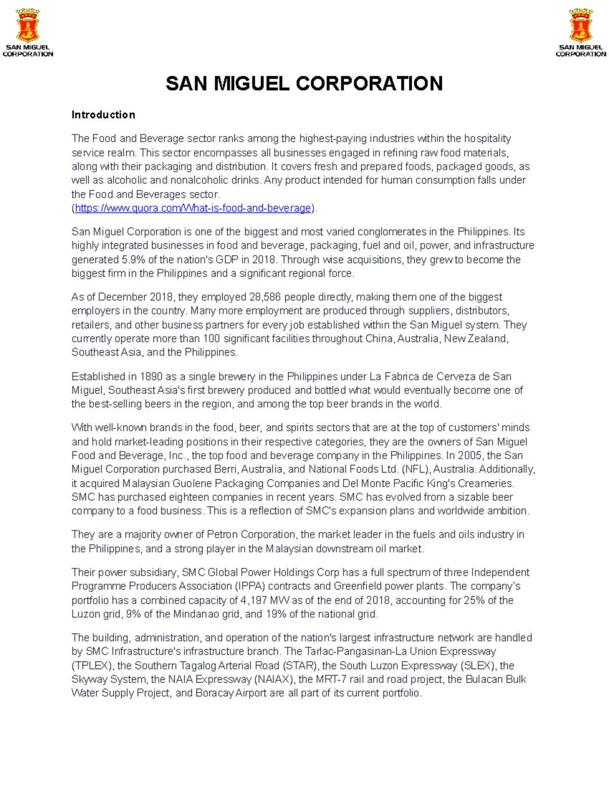 SAN Miguel Corporation - SAN MIGUEL CORPORATION Introduction The Food ...