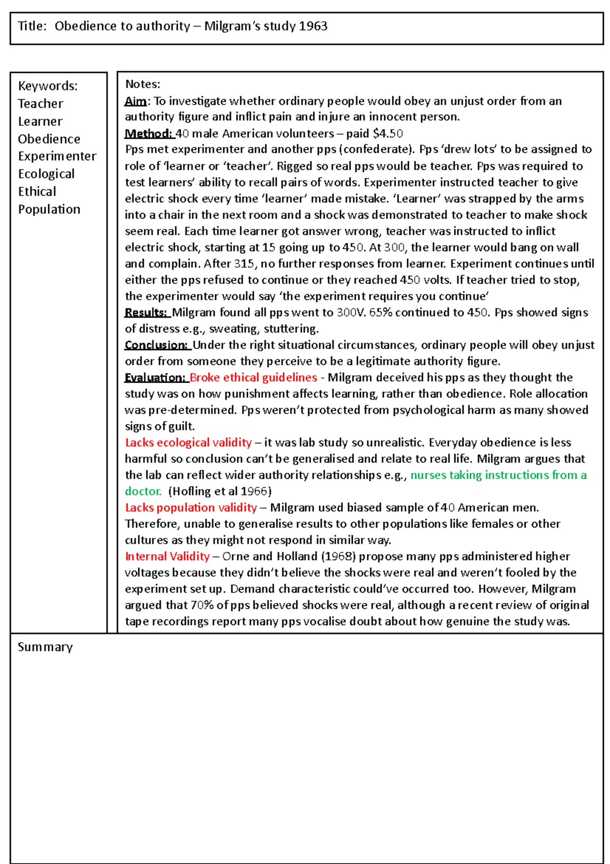 Milgram, psychology words words work - Summary Notes: Aim : To ...