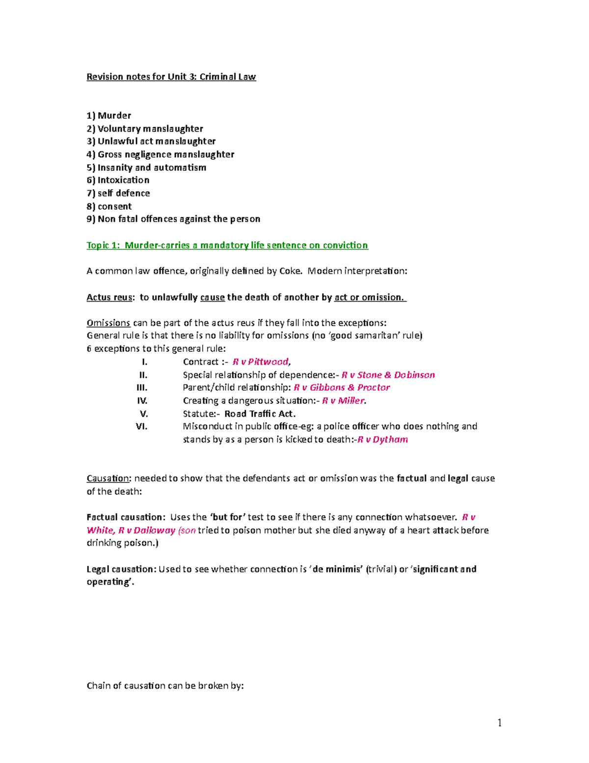 Criminal law revision notes for problem qu's - Revision notes for Unit ...