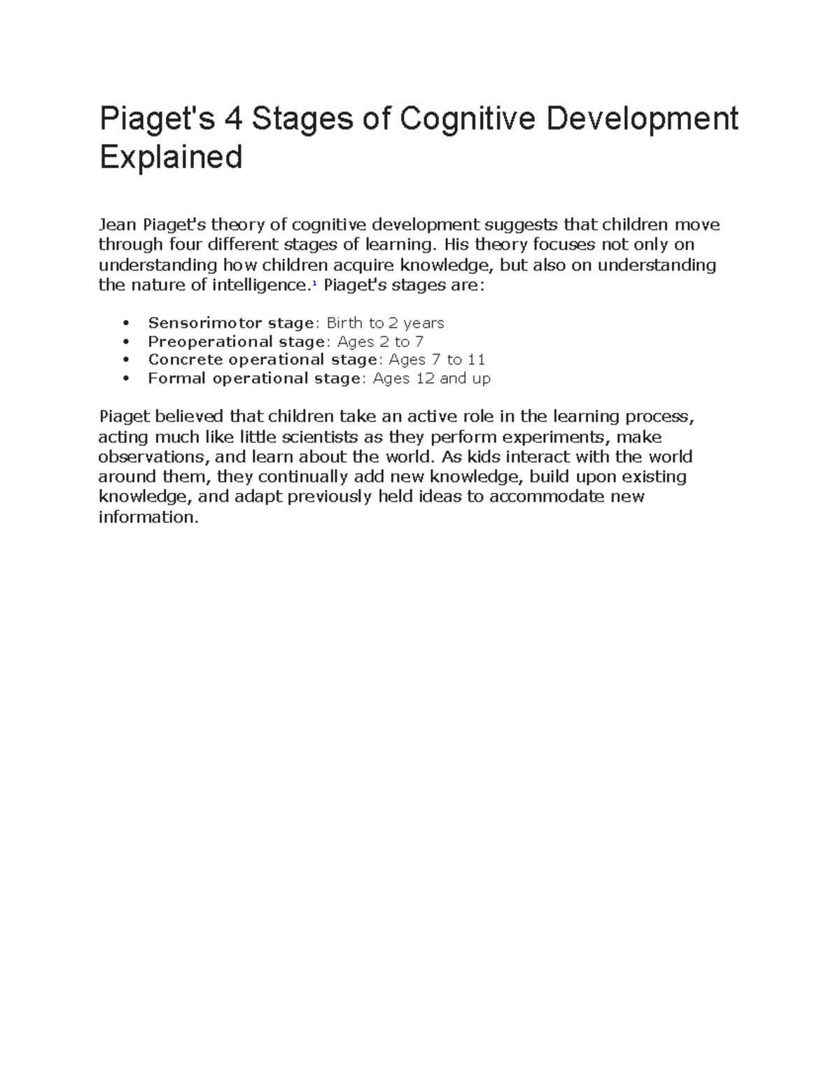 Piaget's 4 Stages of Cognitive Development - Piaget's 4 Stages of ...