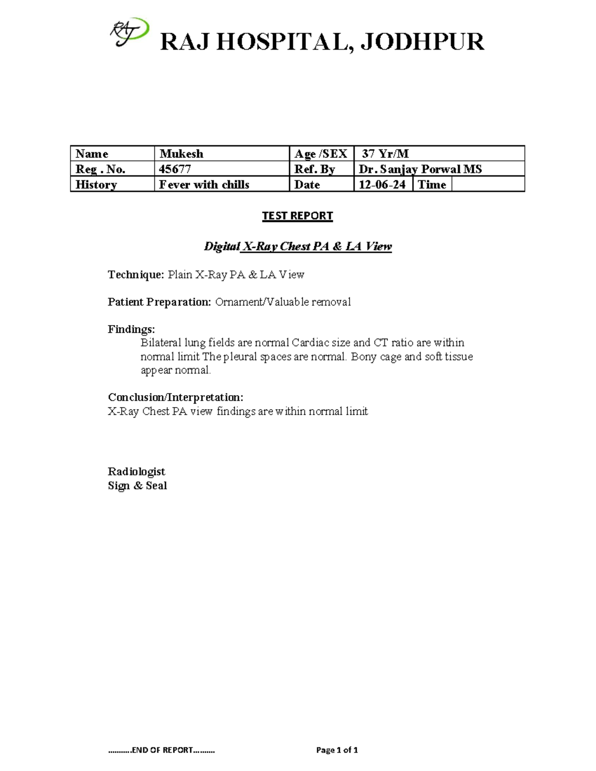 X-Ray report format - RAJ HOSPITAL, JODHPUR .......... OF REPORT ...