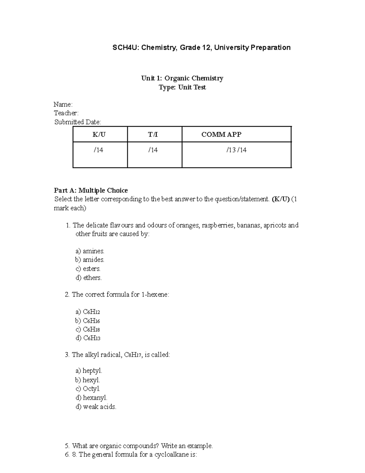 Unit t Est Organic - chem - SCH4U: Chemistry, Grade 12, University ...