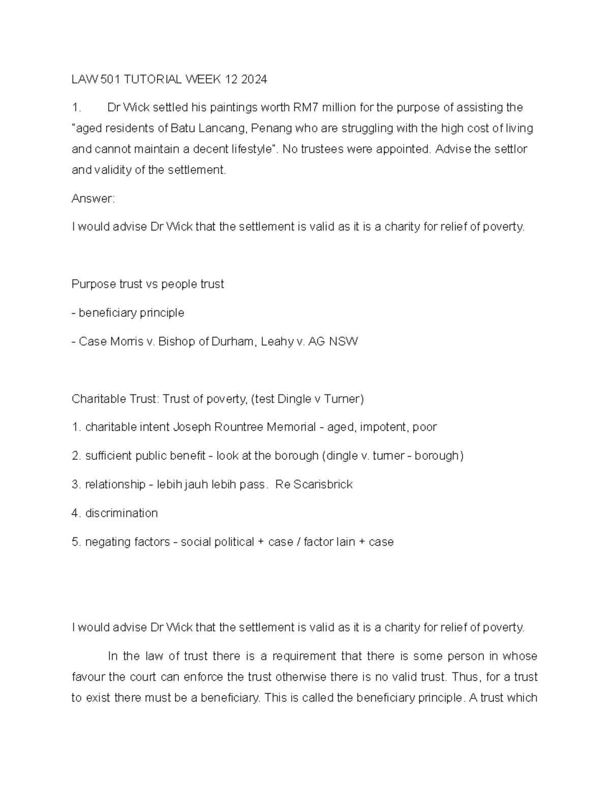 Equity Tutorial WEEK 12 - LAW 501 TUTORIAL WEEK 12 2024 Dr Wick settled his paintings worth RM7 ...