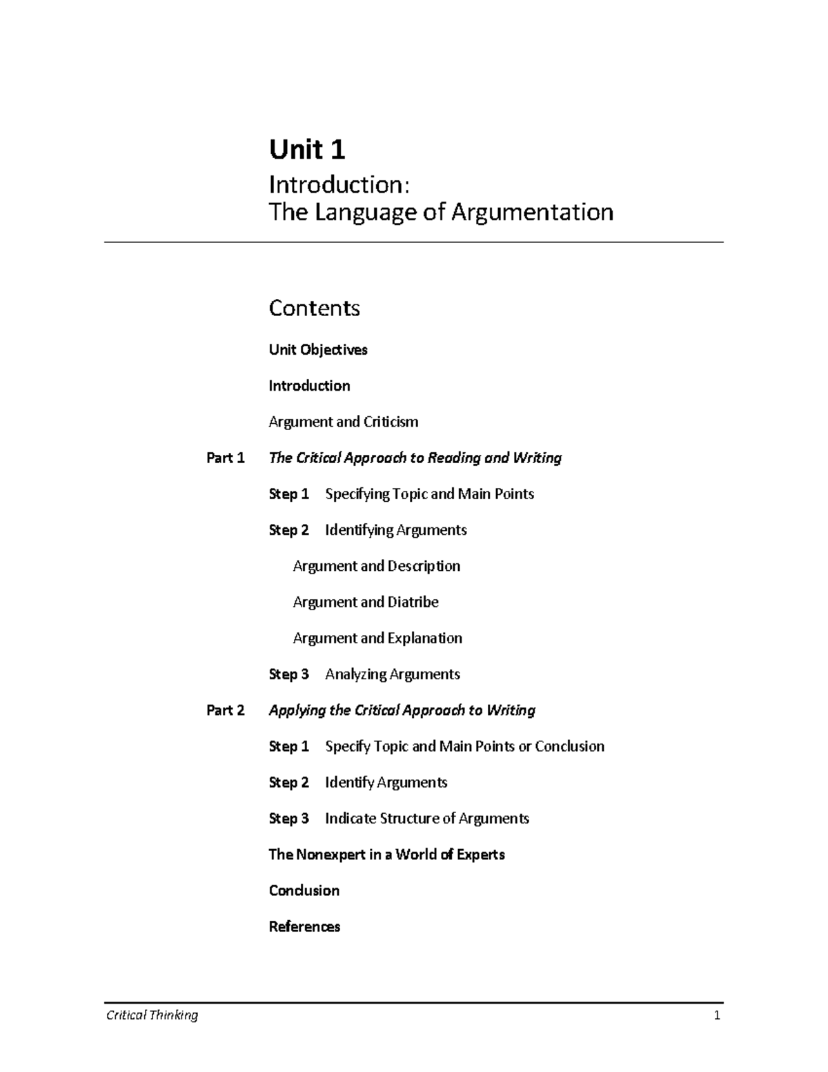 Lecture Notes Unit 1 Introduction Language of the Argument - Critical ...