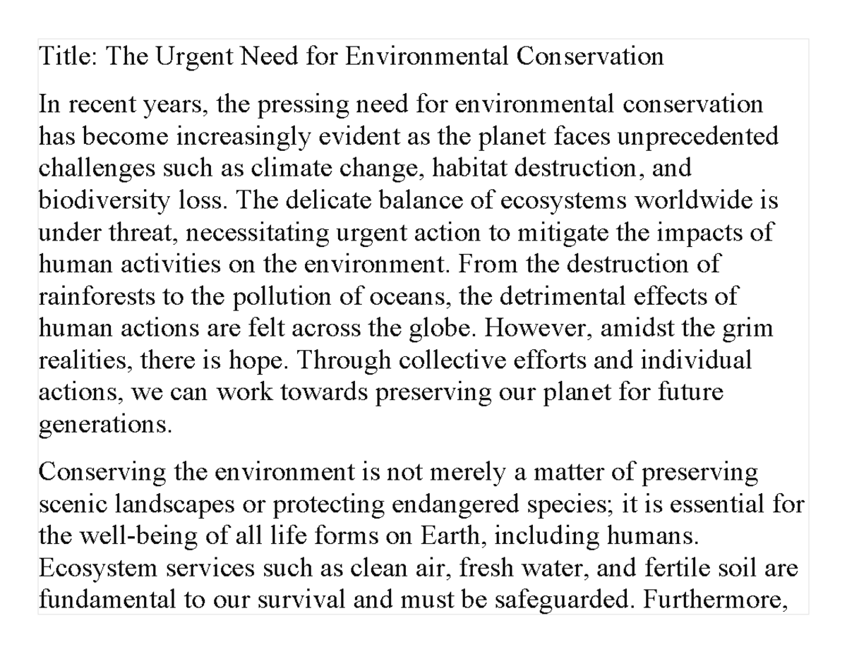 Quiz after debate - Title: The Urgent Need for Environmental ...