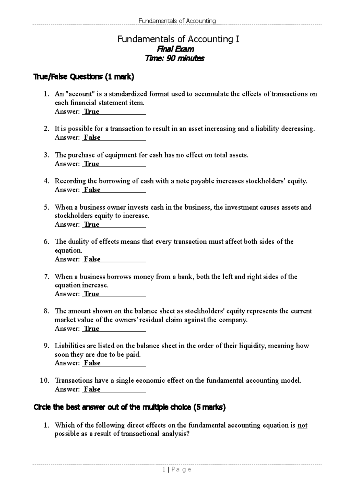 FA exam - Lecture notes 1111 - Fundamentals of Accounting 1 | Pa g e ...