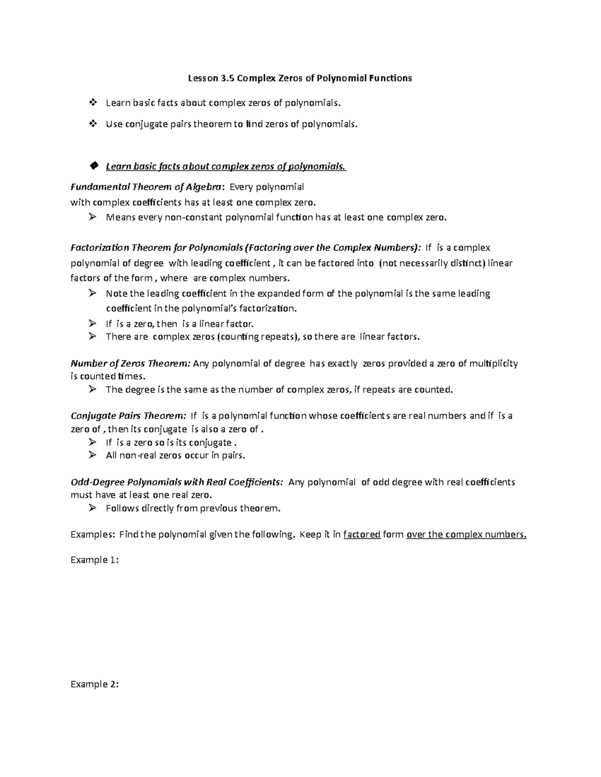 MTH125 Lesson 3 - notes and problems - Lesson 3 Complex Zeros of ...