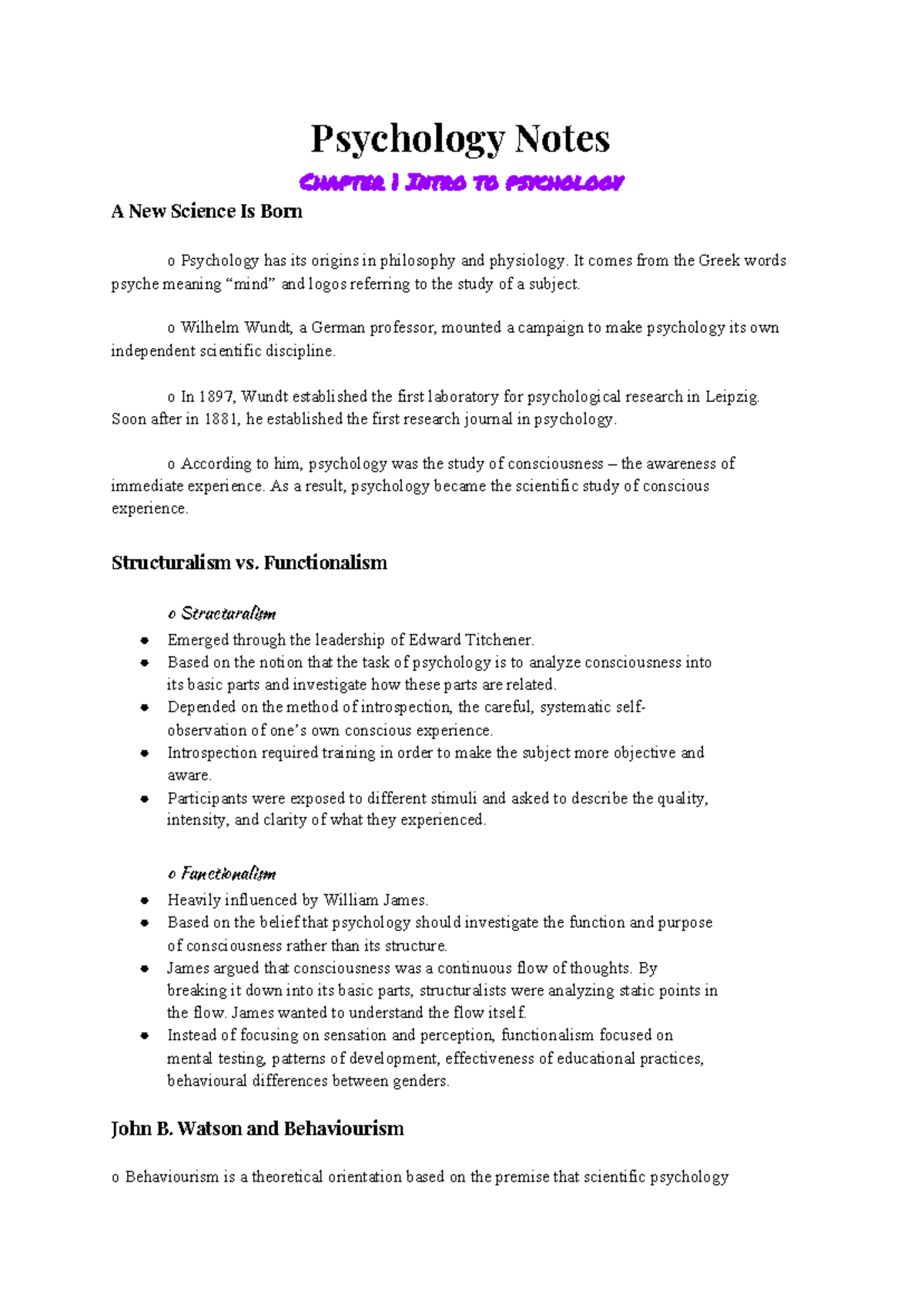 Psychology Notes Chapter 1 to 4 - Psychology Notes Chapter 1 Intro to ...