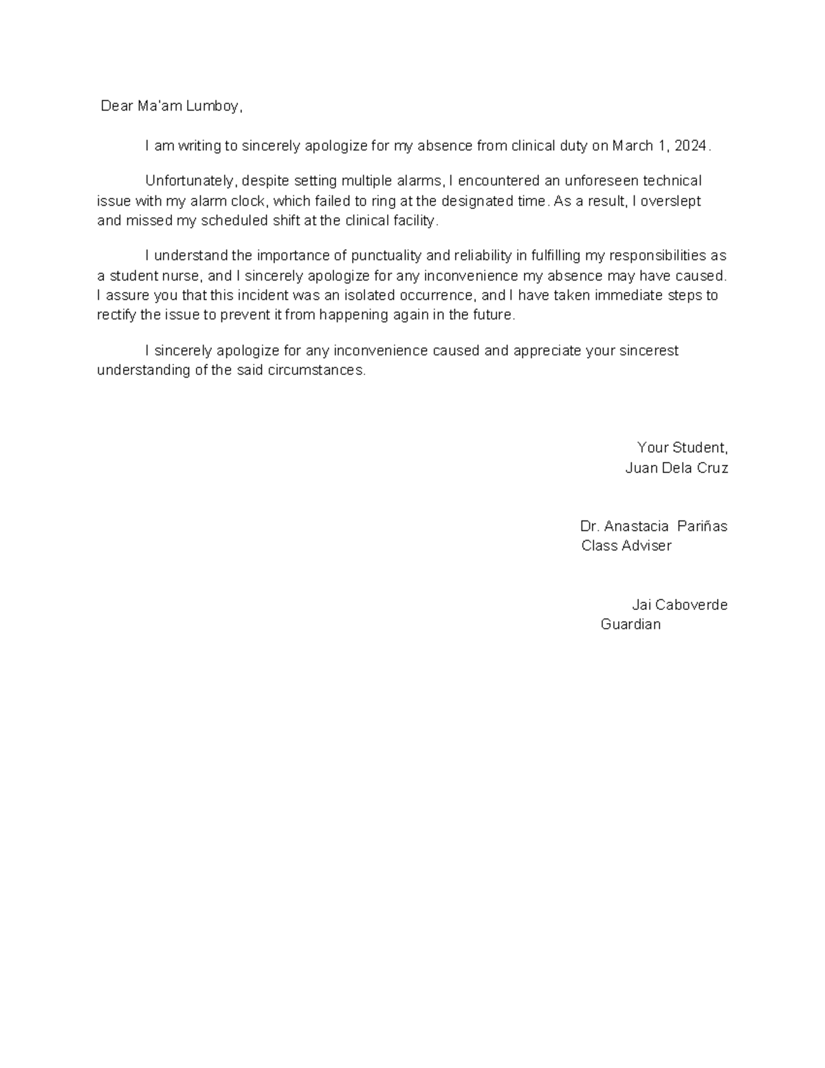 Explanation letter - Dear Ma’am Lumboy, I am writing to sincerely ...