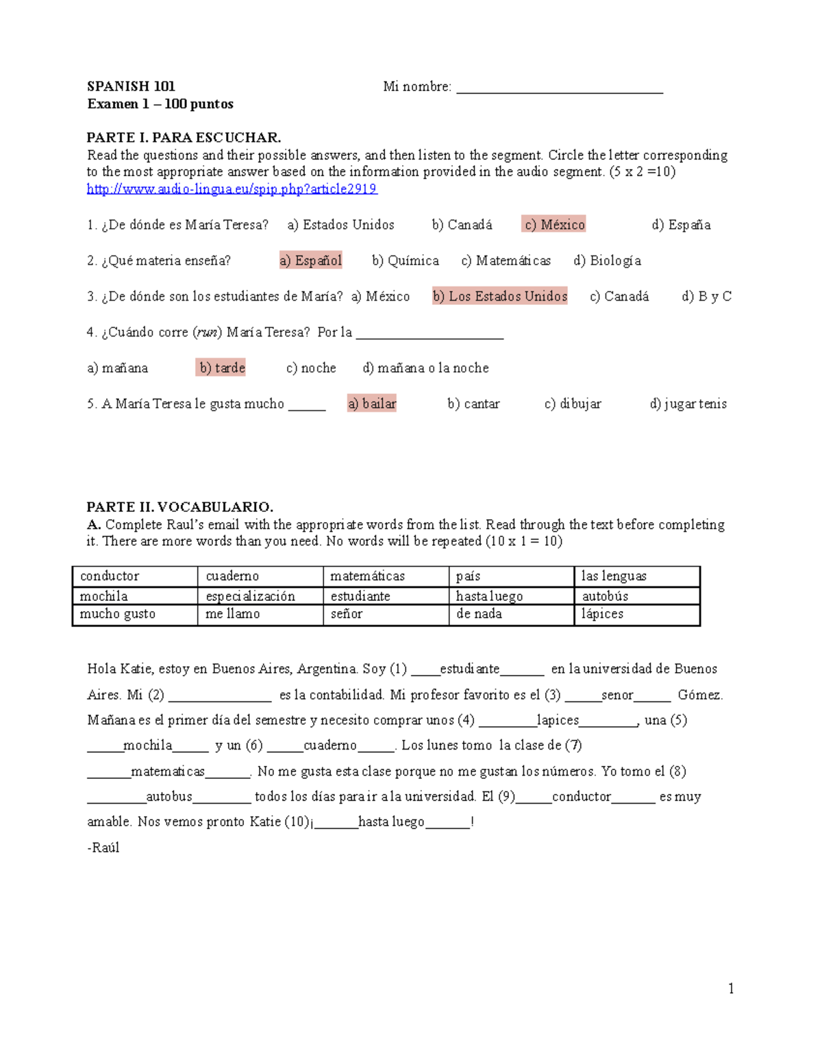 Study Guide 1 - SPA 101 - SPANISH 101 Mi nombre ...