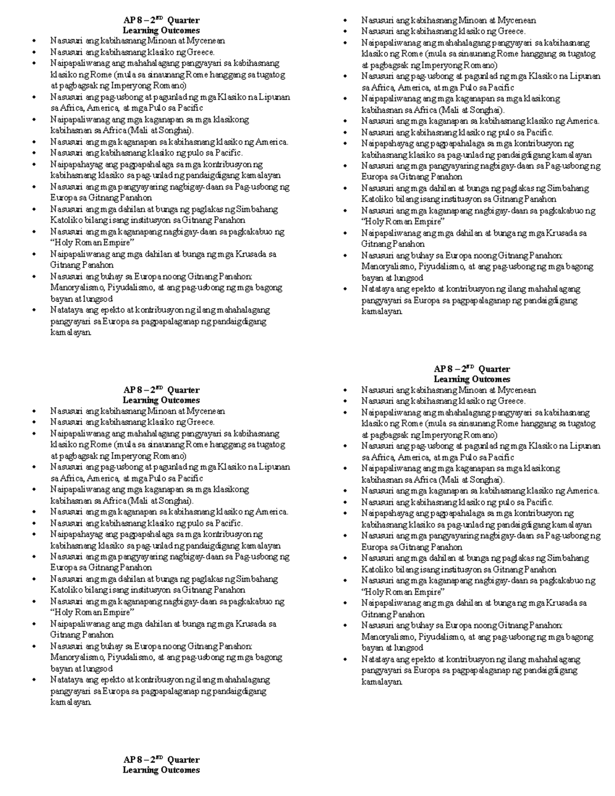 AP 8 - This is the outcomes for the 2nd quarter of Araling Panlipunan 8 ...