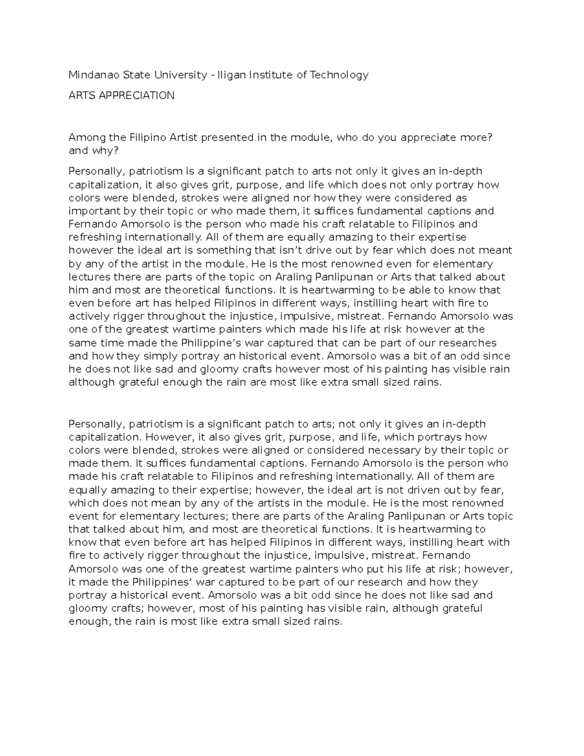 ARTS Appreciation Essay Draft Among THE Filipino Artist - PE : Martial ...