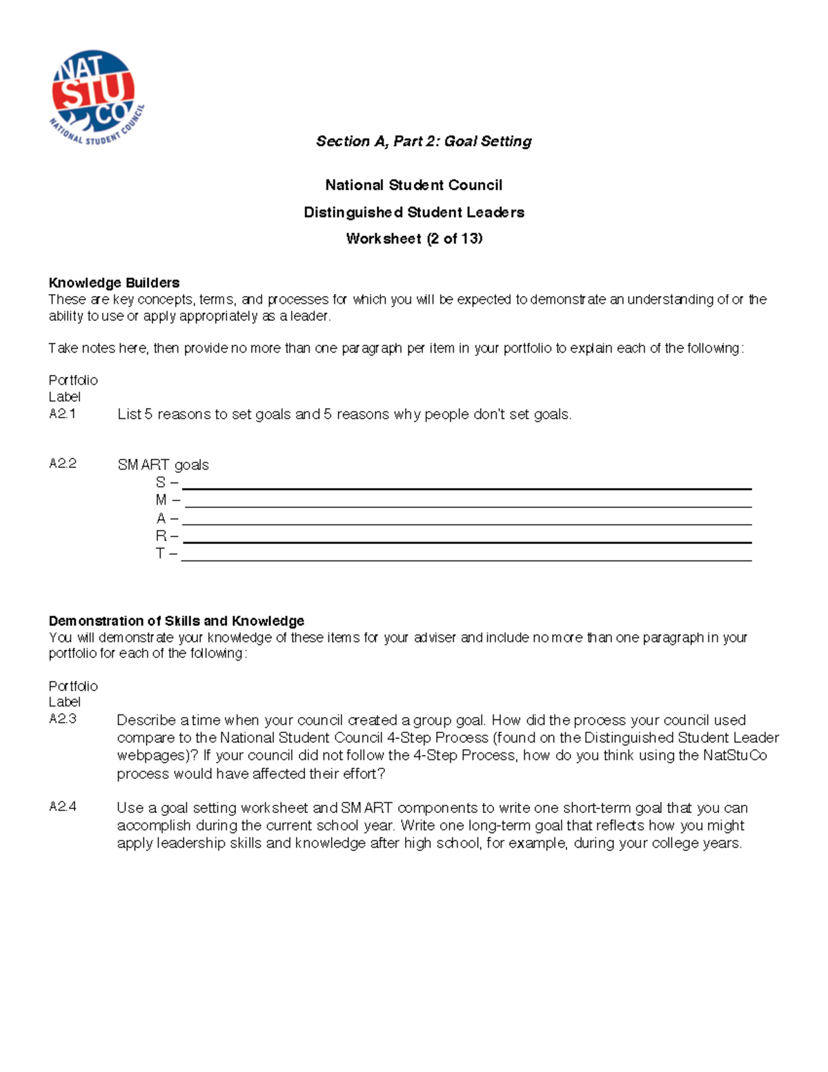 A2 worksheet - Section A, Part 2: Goal Setting National Student Council ...