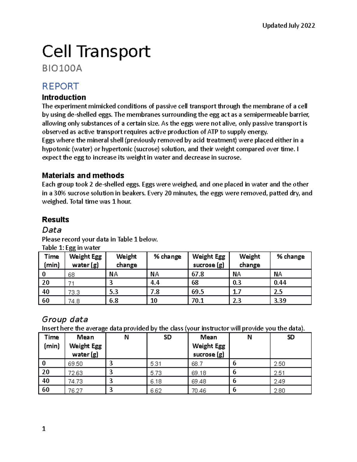 Cell transport eggs bio100a example report - Updated July 2022 Cell ...