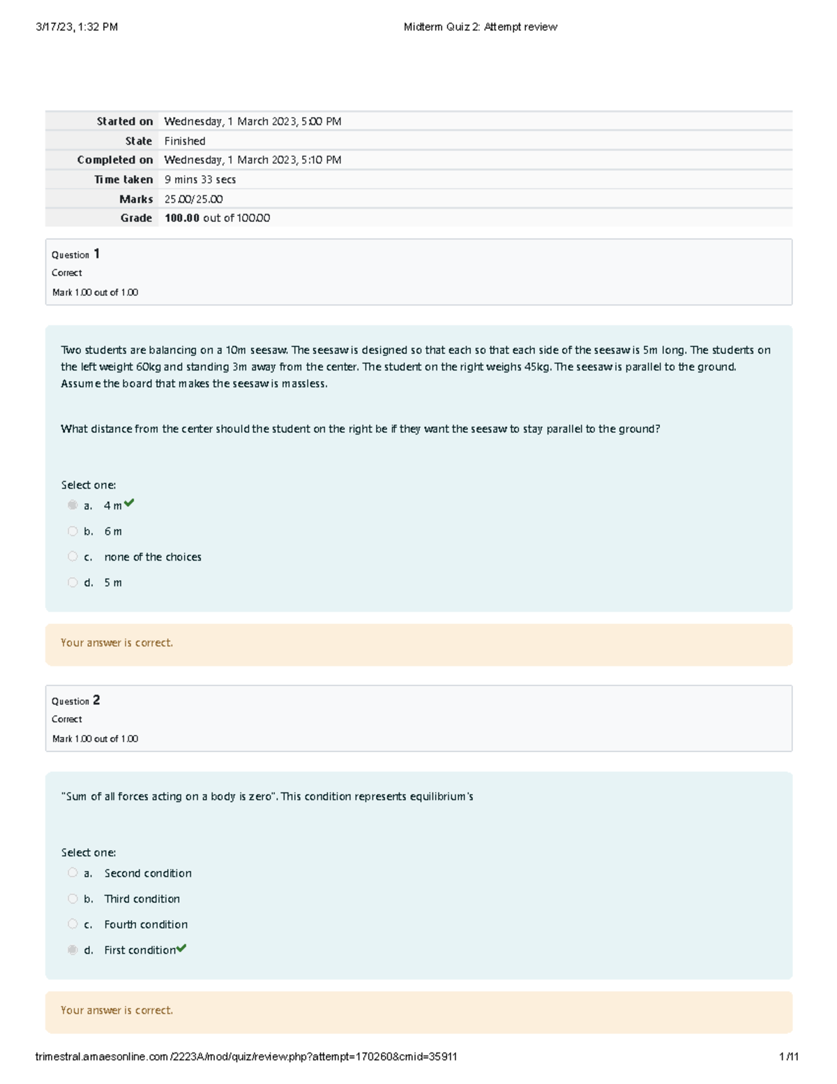 Midterm Quiz 2 Attempt review - Started on Wednesday, 1 March 2023, 5:00 PM State Finished ...