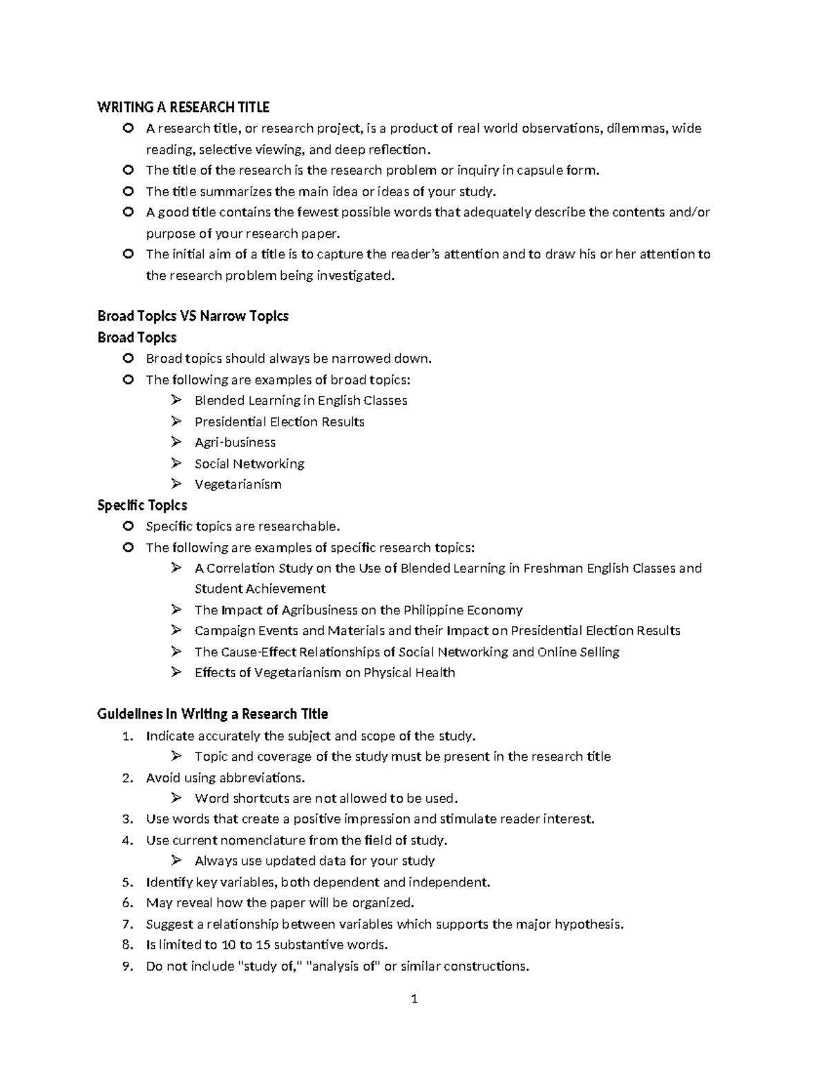 Writing A Research Title - WRITING A RESEARCH TITLE A research title ...