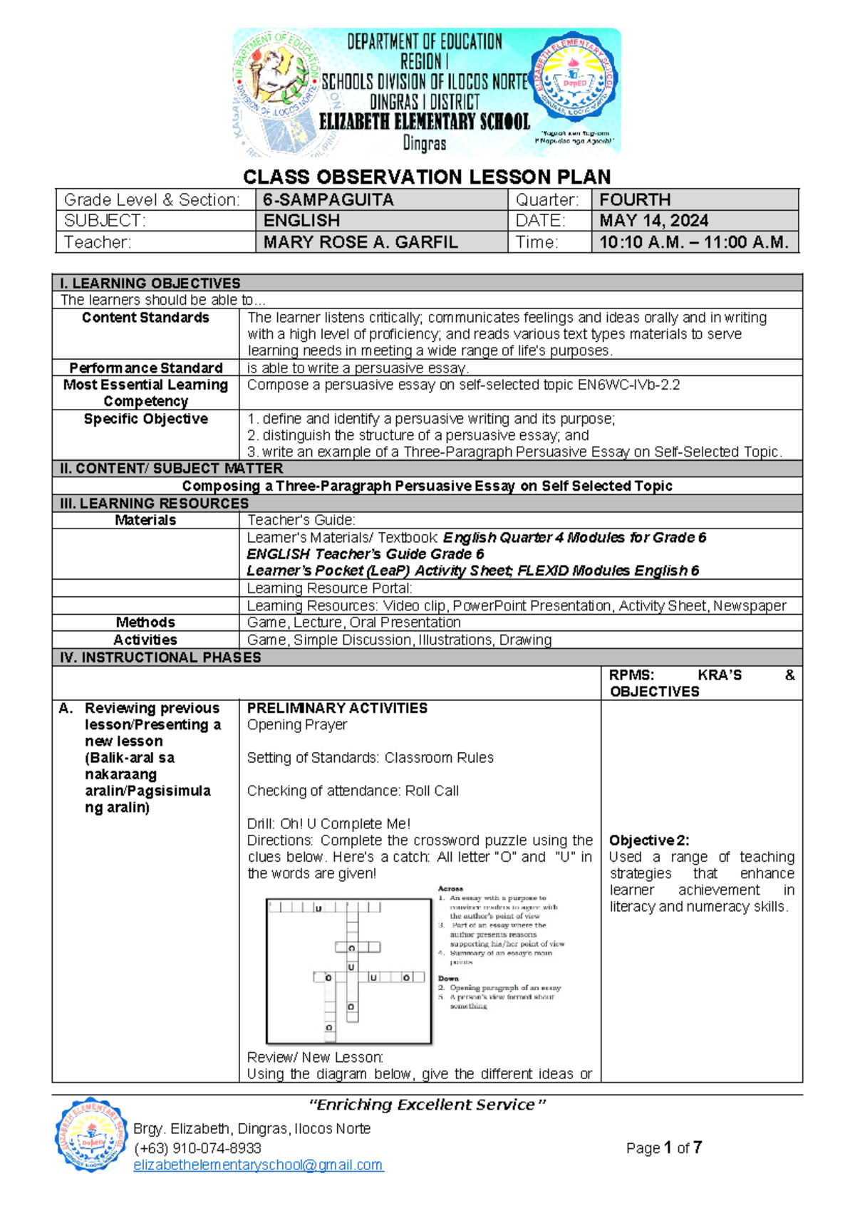 Class Observation Lesson PLAN English 6 - CLASS OBSERVATION LESSON PLAN ...