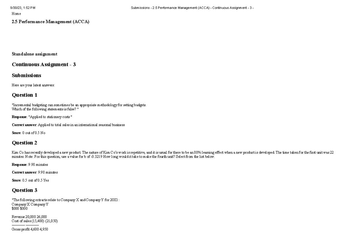 Performance Management (ACCA) - Continuous Assignment - 3 - Home 2 ...