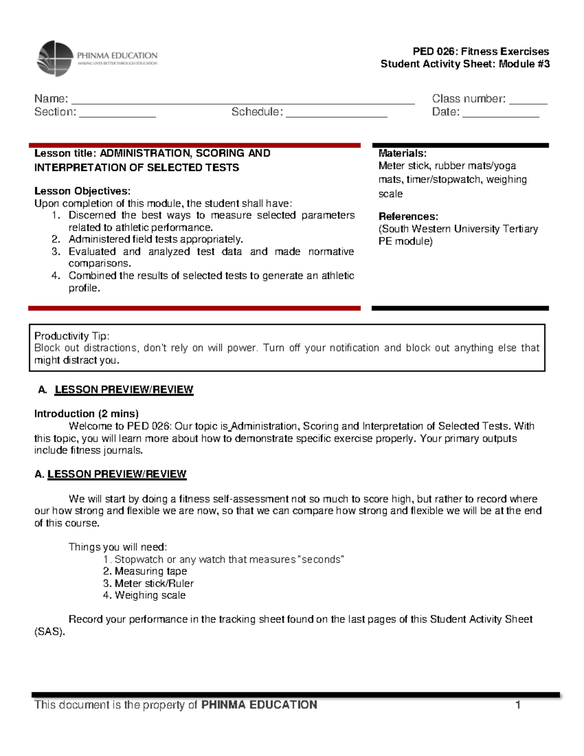 SAS-3-PED026 - PE MODULE - Student Activity Sheet: Module # Name: - Studocu
