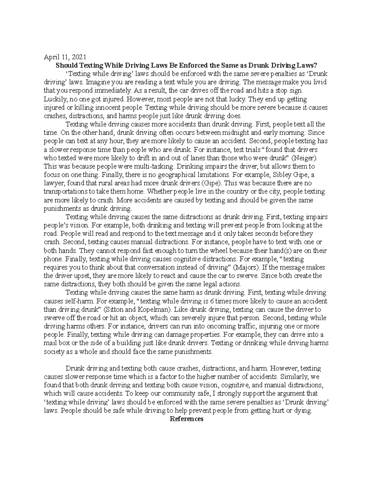 Doc19 - paper - April 11, 2021 Should Texting While Driving Laws Be ...