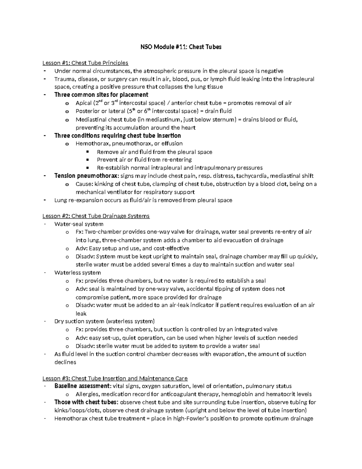 NSO Mod 11 - Chest Tubes - Nursing notes - NSO Module #11: Chest Tubes ...
