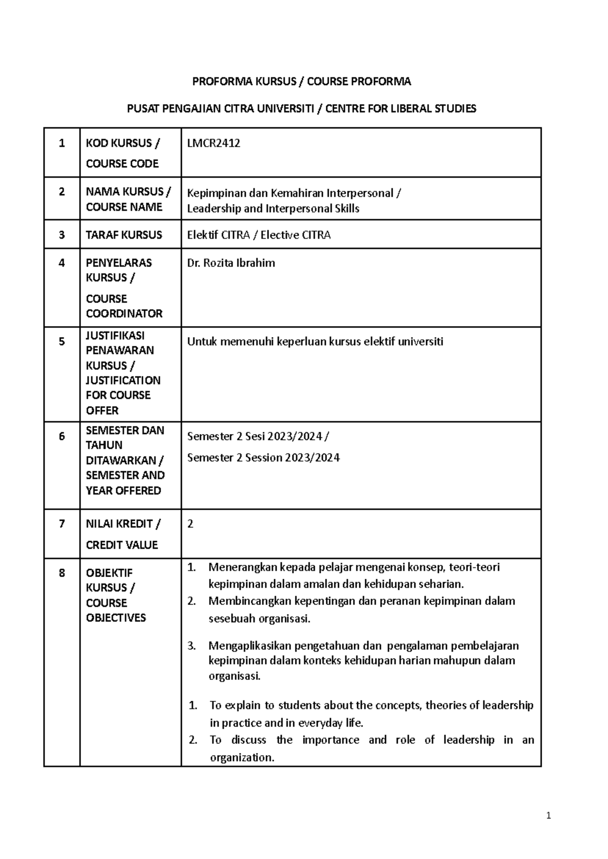 Proforma - LMCR2412 Leadership AND Interpersonal Skills - PROFORMA ...
