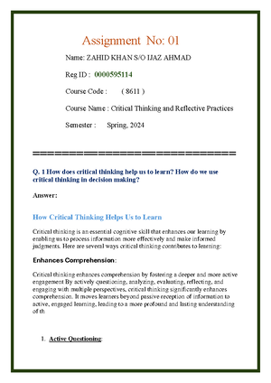 ( 8616 ) 1 - Solved assignment - Assignment No: 0 1 Name: ZAHID KHAN S ...