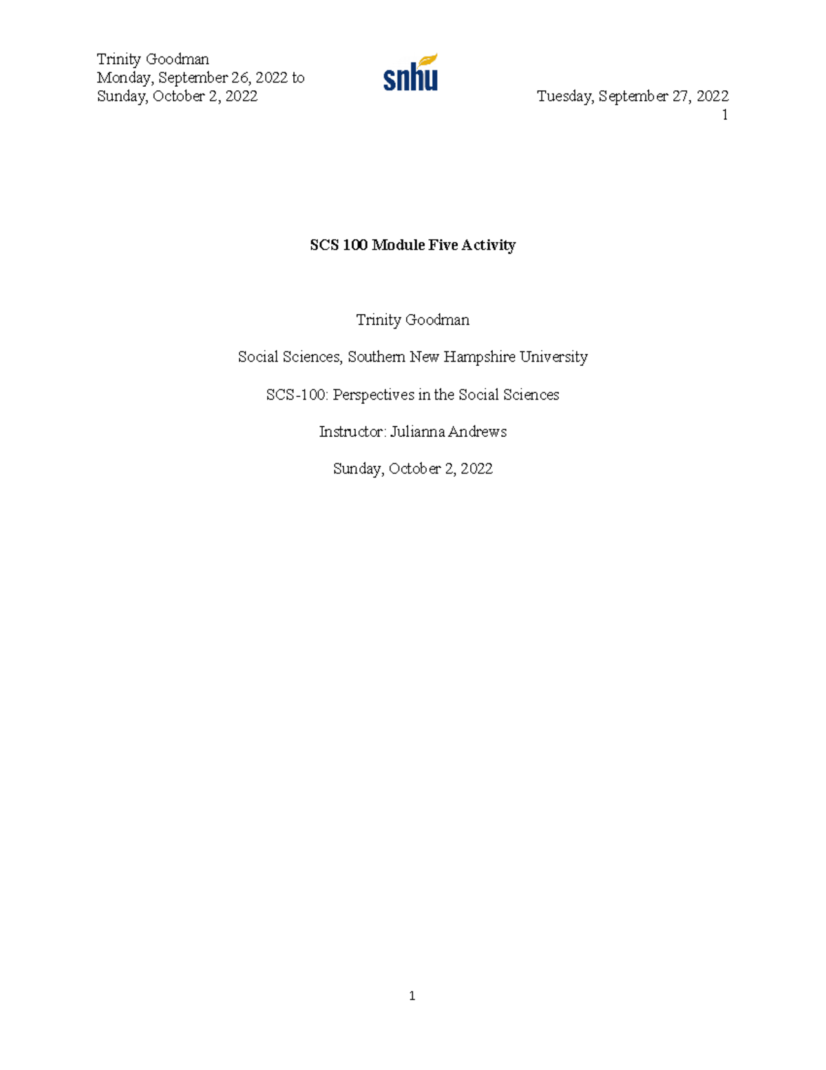 Goodman, Trinity SCS 100 Module Five Activity ( Revised) - Trinity ...