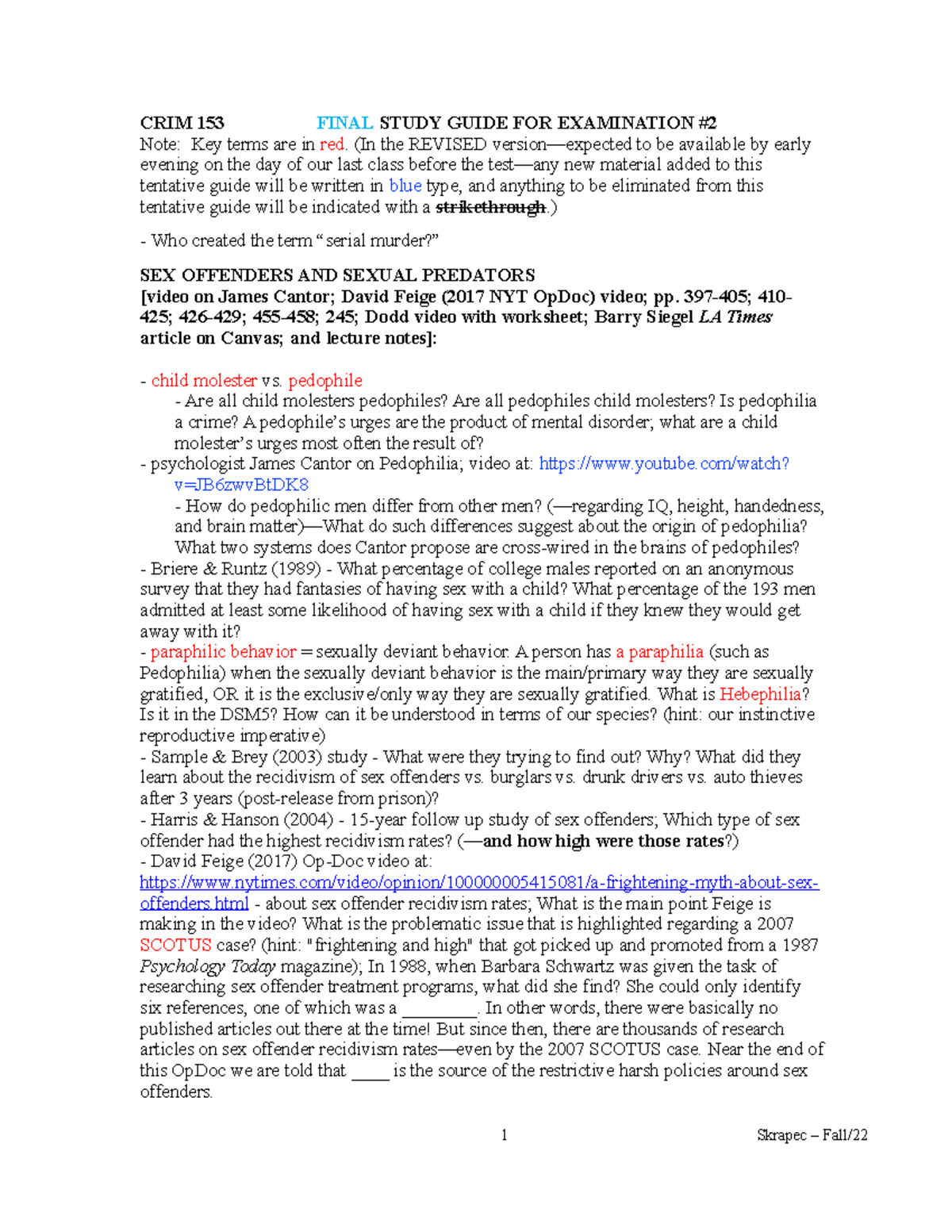 153 Final SG#2 - Study Guide - CRIM 153 FINAL STUDY GUIDE FOR ...