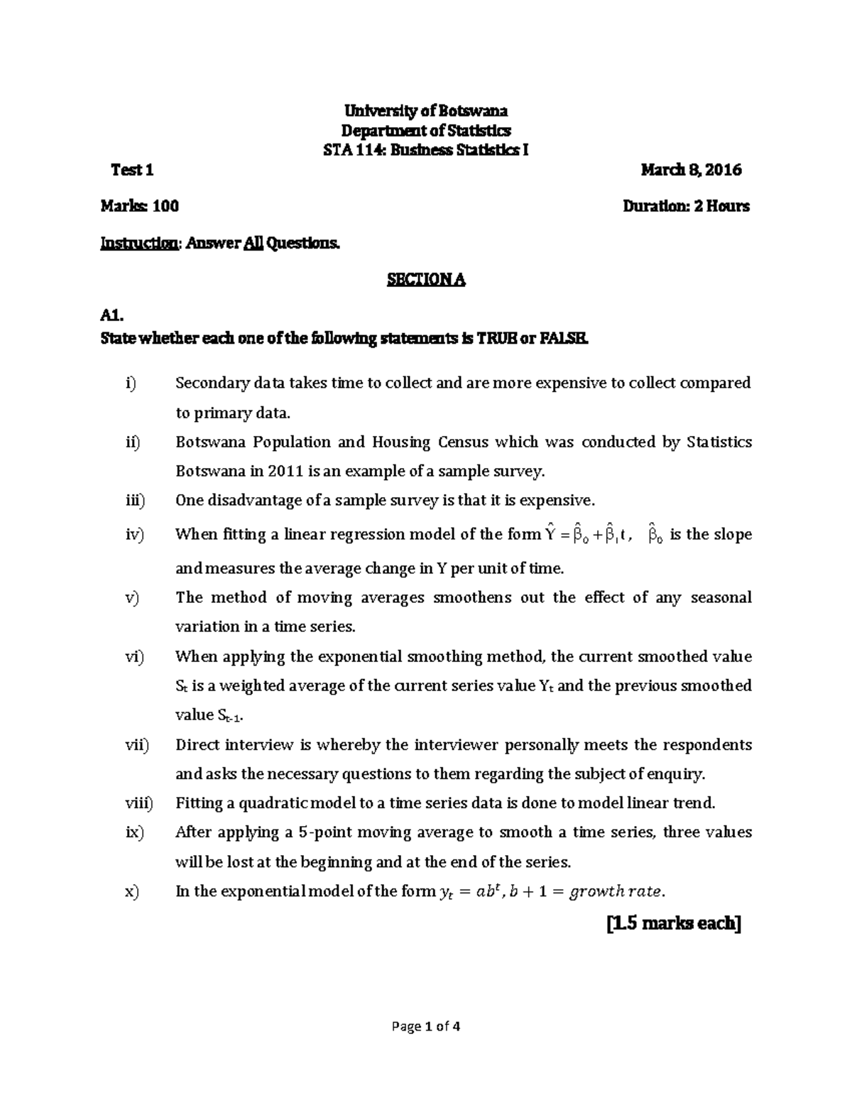 STA 114 Test 1 2016 - statistics past questions - University of ...