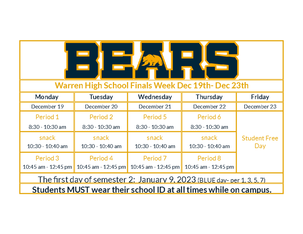 WHS Finals Schedule 22-23 -Sem 1 - Warren High School Finals Week Dec ...