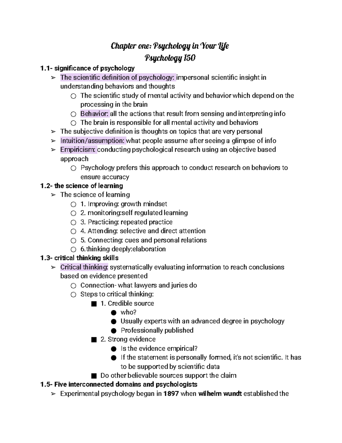 Chapter 1 Psych Notes - Original lesson was about 45 pages, this is ...