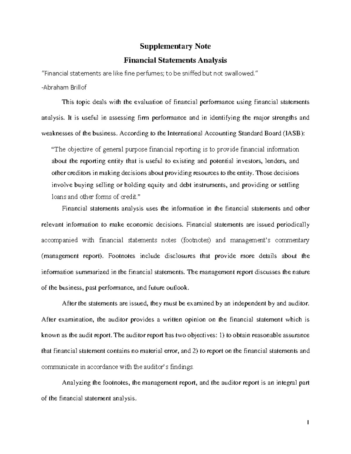 Supplementary Note-Financial Statments Analysis - Supplementary Note ...