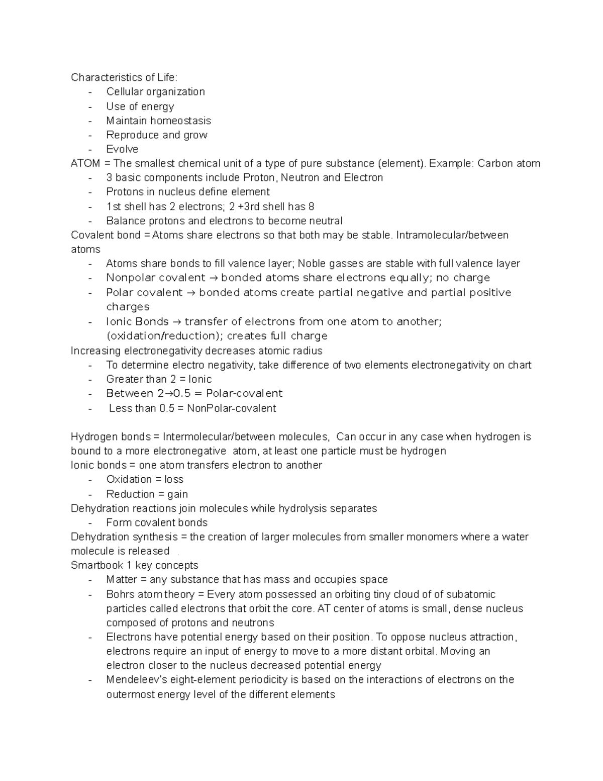 BIOL Exam 1 notes - Characteristics of Life: - Cellular organization ...