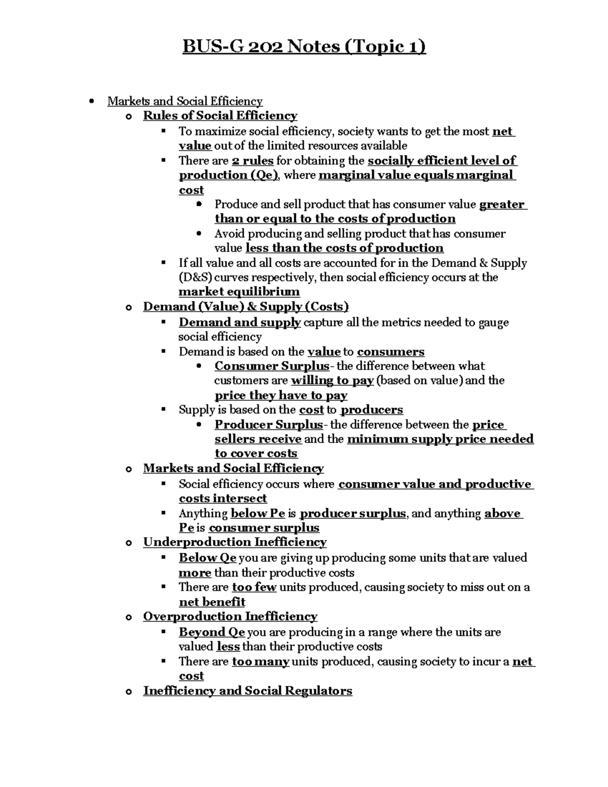 BUS-G 202 Notes (Topic 1) - BUS-G 202 Notes (Topic 1) Markets and ...