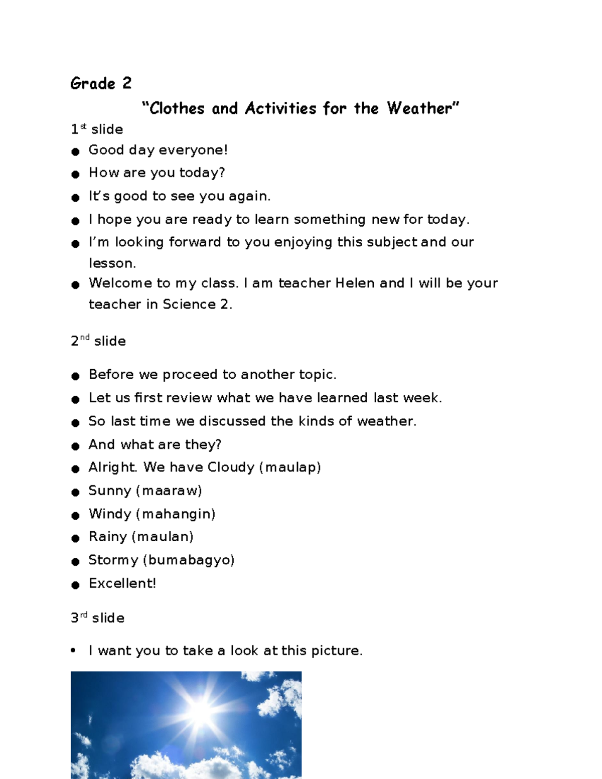 Clothes and Activities FOR THE Weather - Grade 2 “Clothes and ...