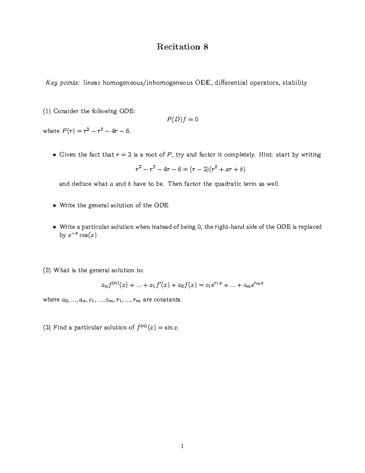 Practice Problems 8 - Recitation 8 Key points: linear homogeneous ...