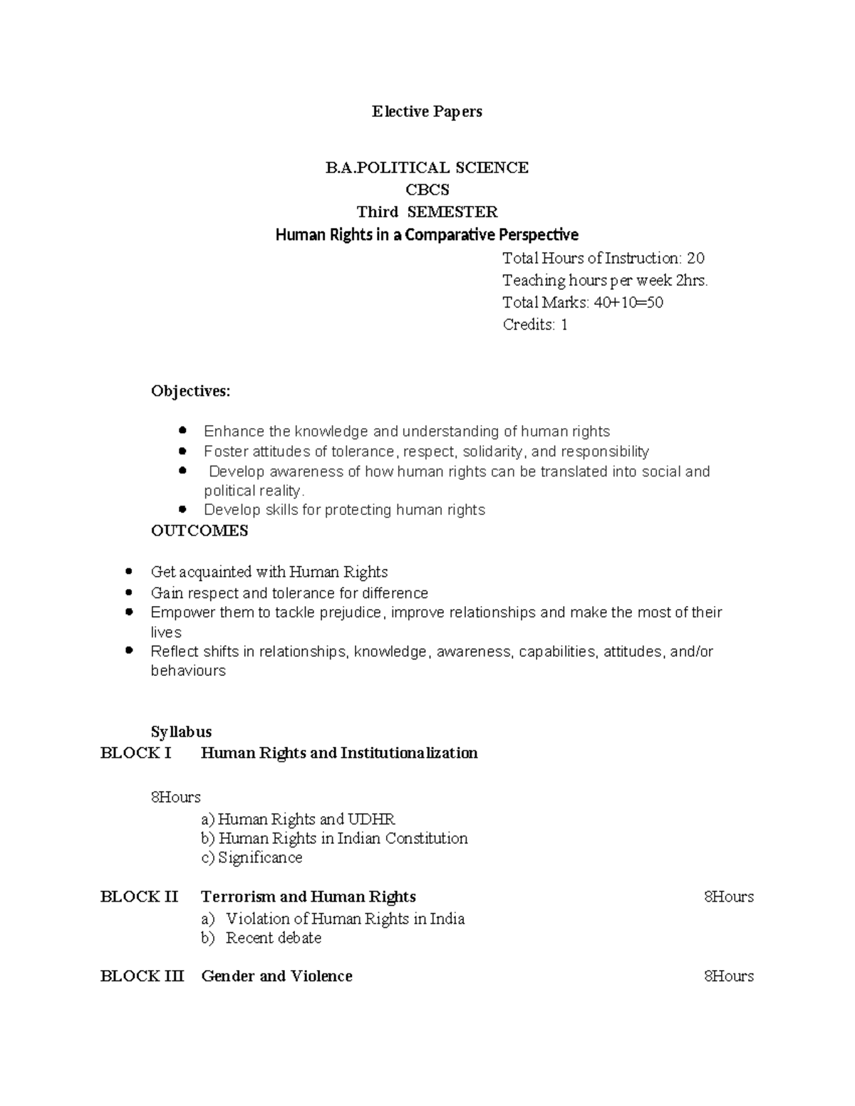 Human Rights in a Comparative Perspective - Elective Papers B.A SCIENCE ...