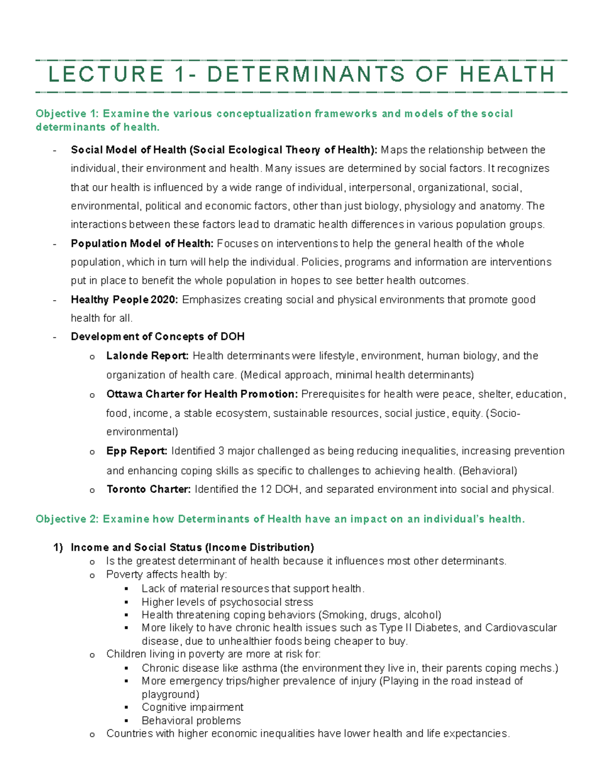 Lecture 1 Determinants Of Health Lecture 1 Determinants Of Health Objective 1 Examine The