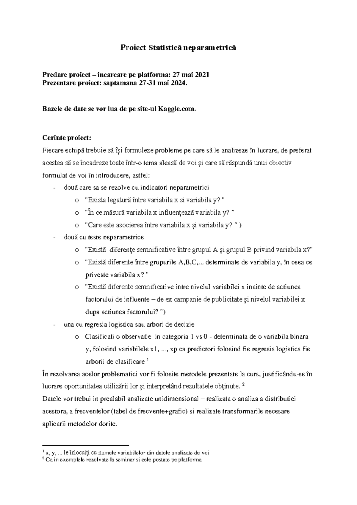 Proiect Statistica neparametrica 2024 - Proiect Statistică neparametrică Predare proiect ...