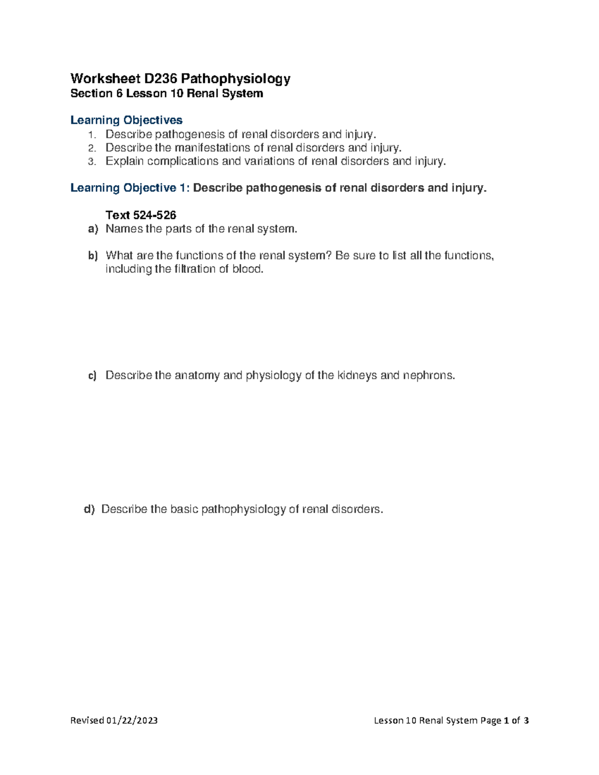 Lesson 10 Renal System - Blank version of Study Worksheets - Revised 01 ...