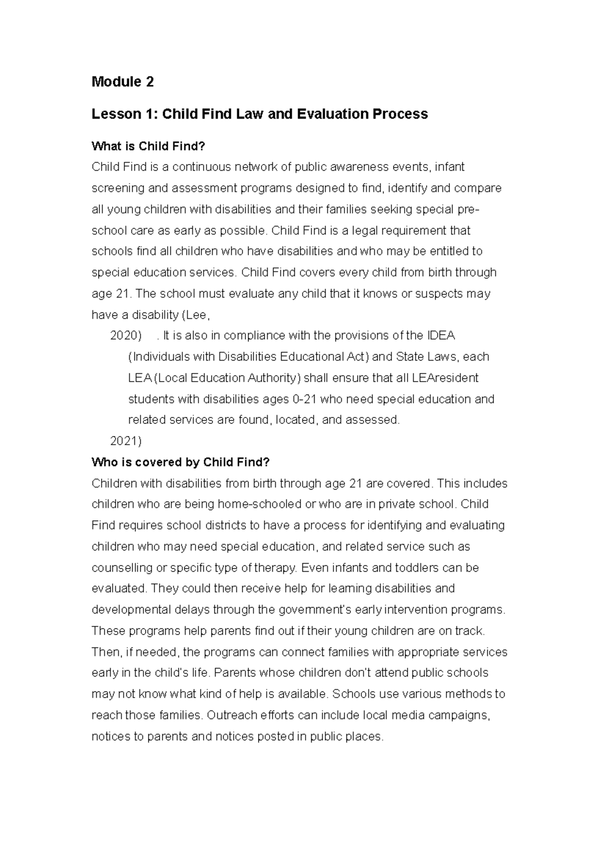 FSIE Study Guide - Module 2 Lesson 1: Child Find Law and Evaluation ...
