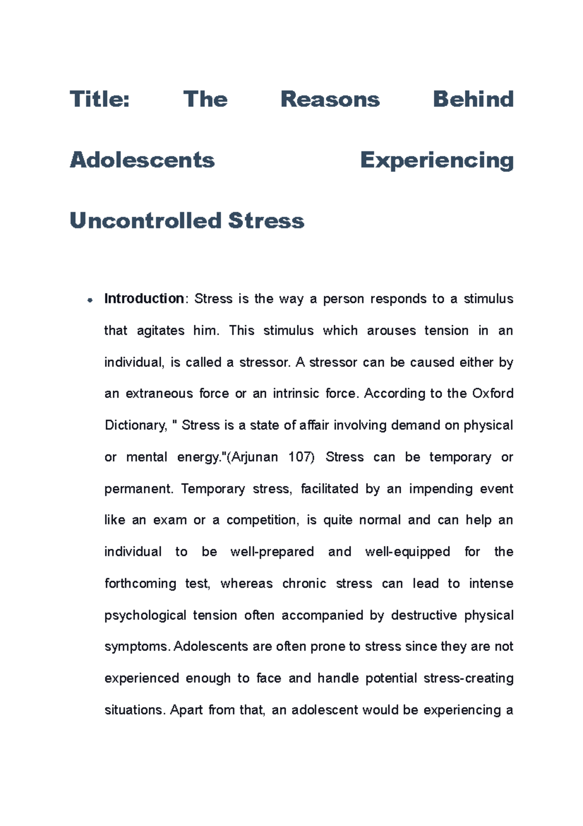 Psychology why adolescents and stress - Title: The Reasons Behind ...