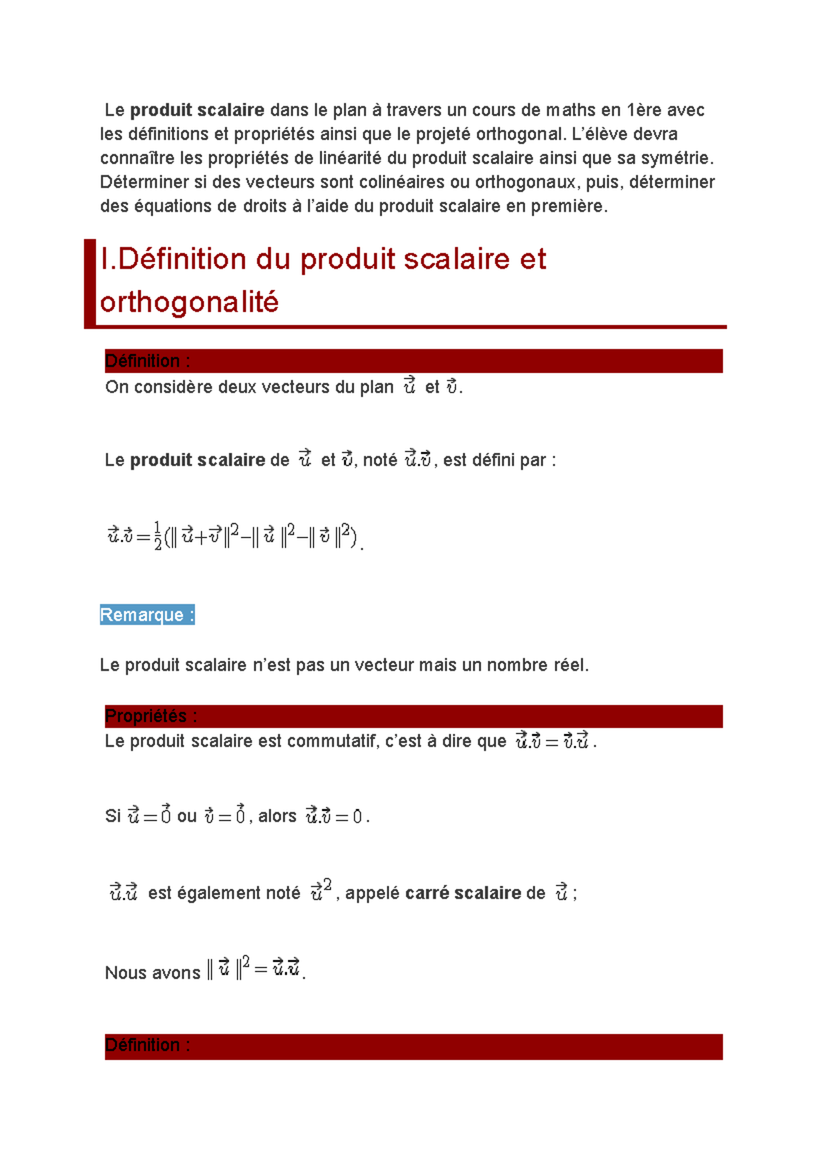 Courd maths 1ere - Le produit scalaire dans le plan à travers un cours ...
