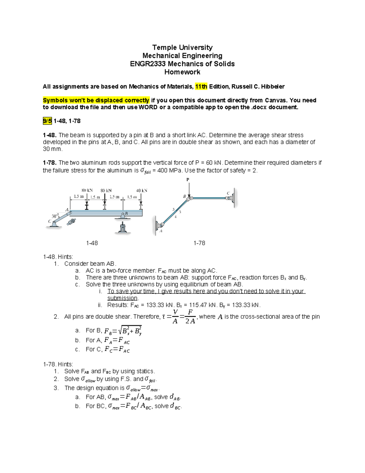 Homework.solids - hw for solids - Temple University Mechanical Engineering ENGR2333 Mechanics of ...