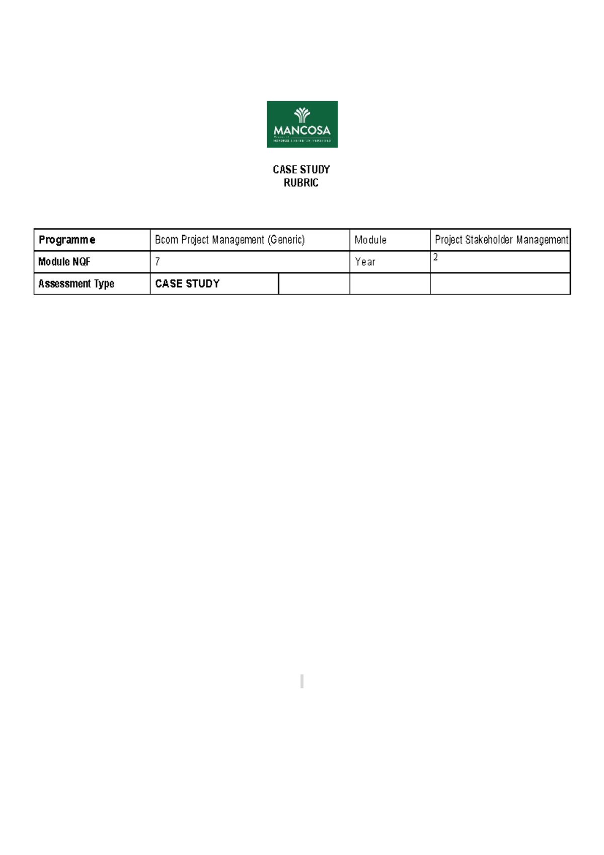 Rubrics-Stakeholder management - CASE STUDY RUBRIC Programme Bcom ...