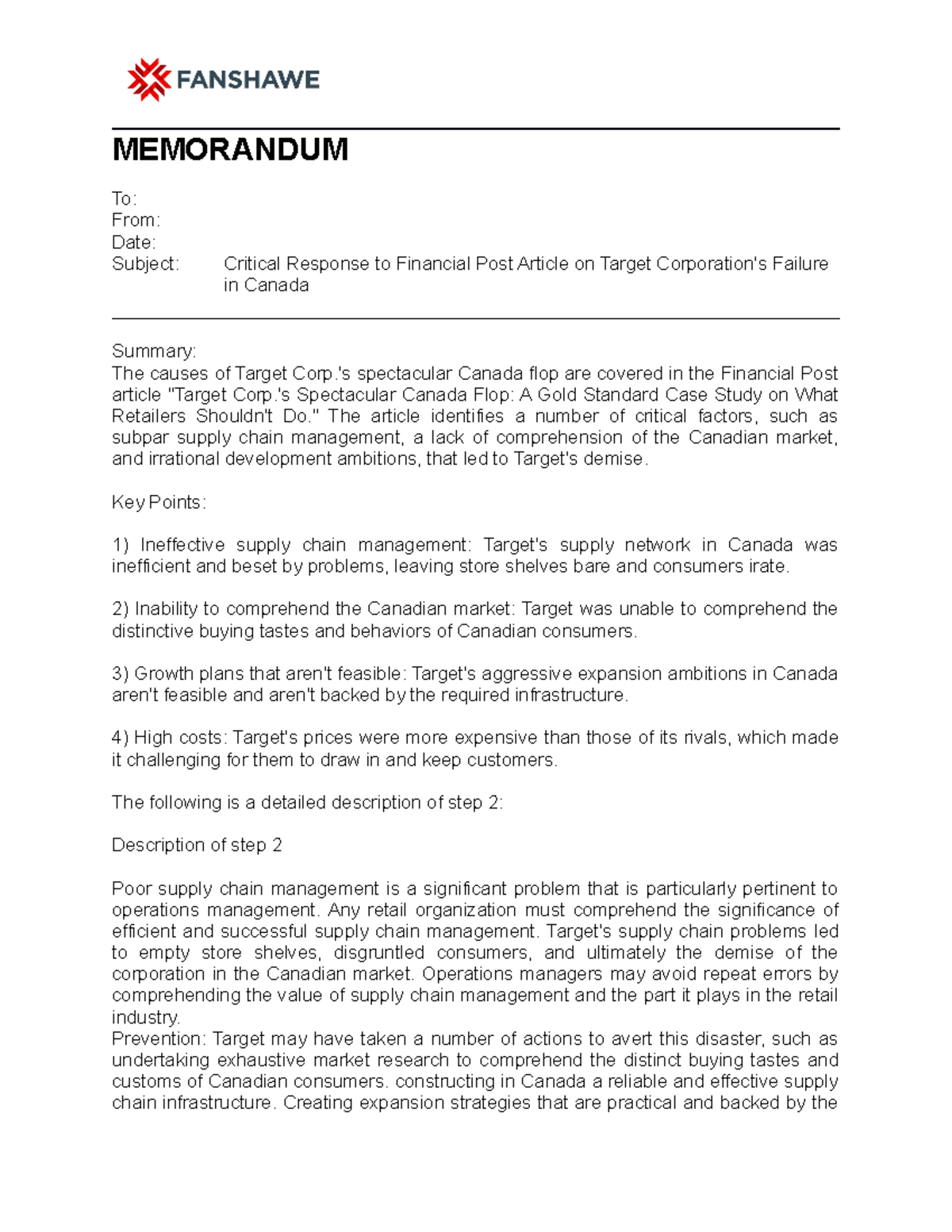 COMM 6019 Memo Template - MEMORANDUM To: From: Date: Subject: Critical ...