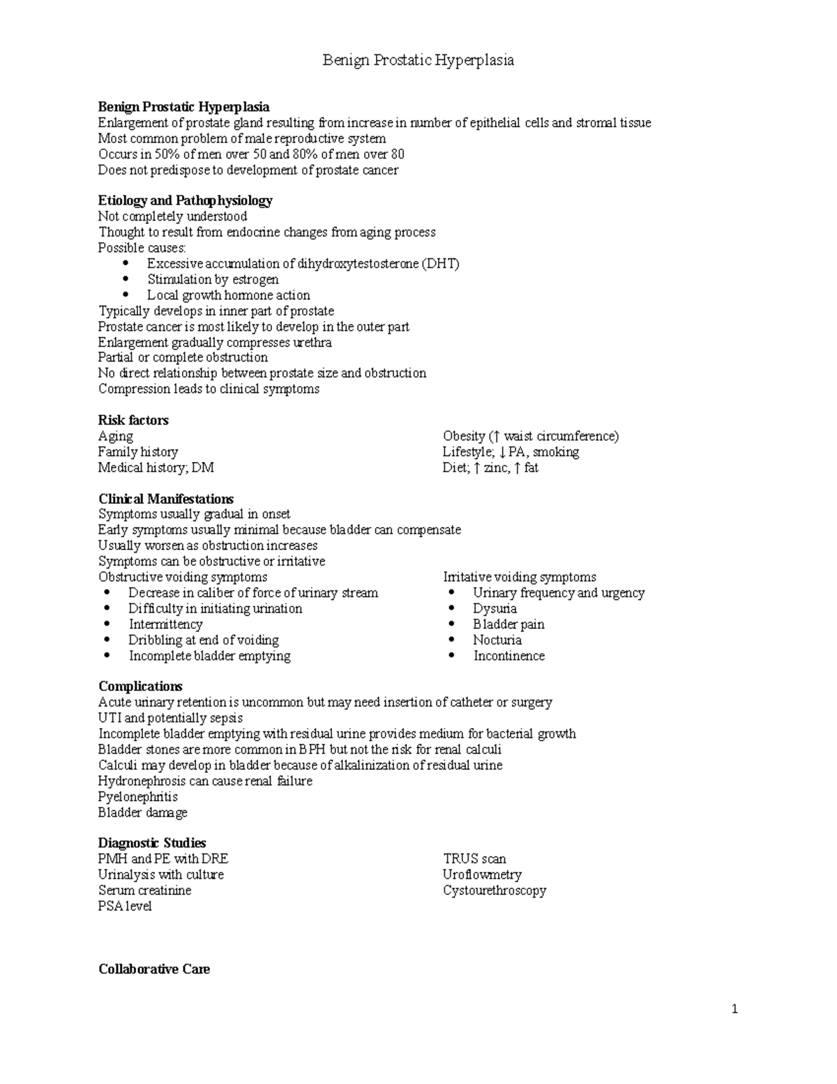 BPH - summary of powerpoint, S Rehman, winter 21 - Benign Prostatic ...