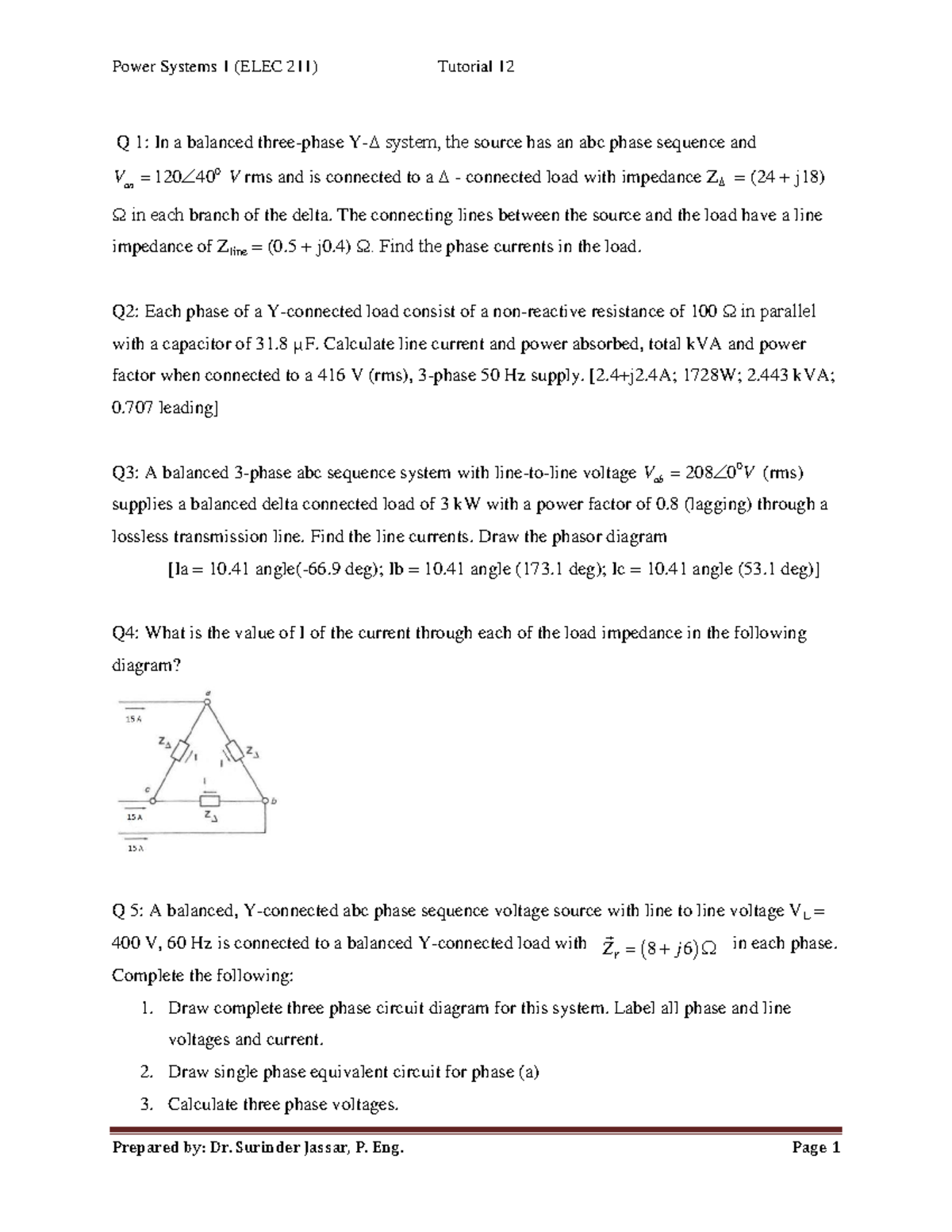 Tutorial week 12 - practice work - Power Systems 1 (ELEC 211) Tutorial ...