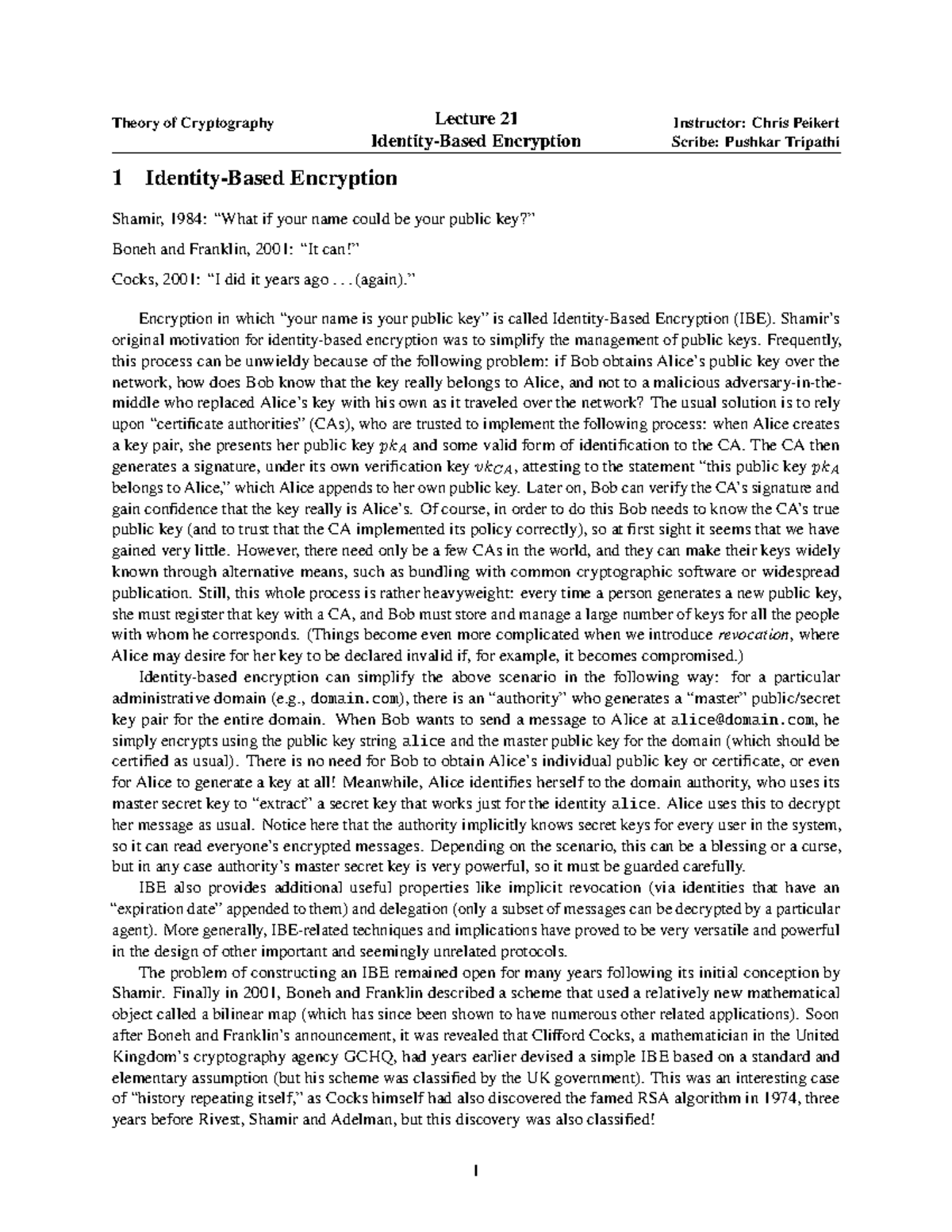 Lec21 Identity Based Encryption Theory Of Cryptography Lecture 21 Identity Based Encryption